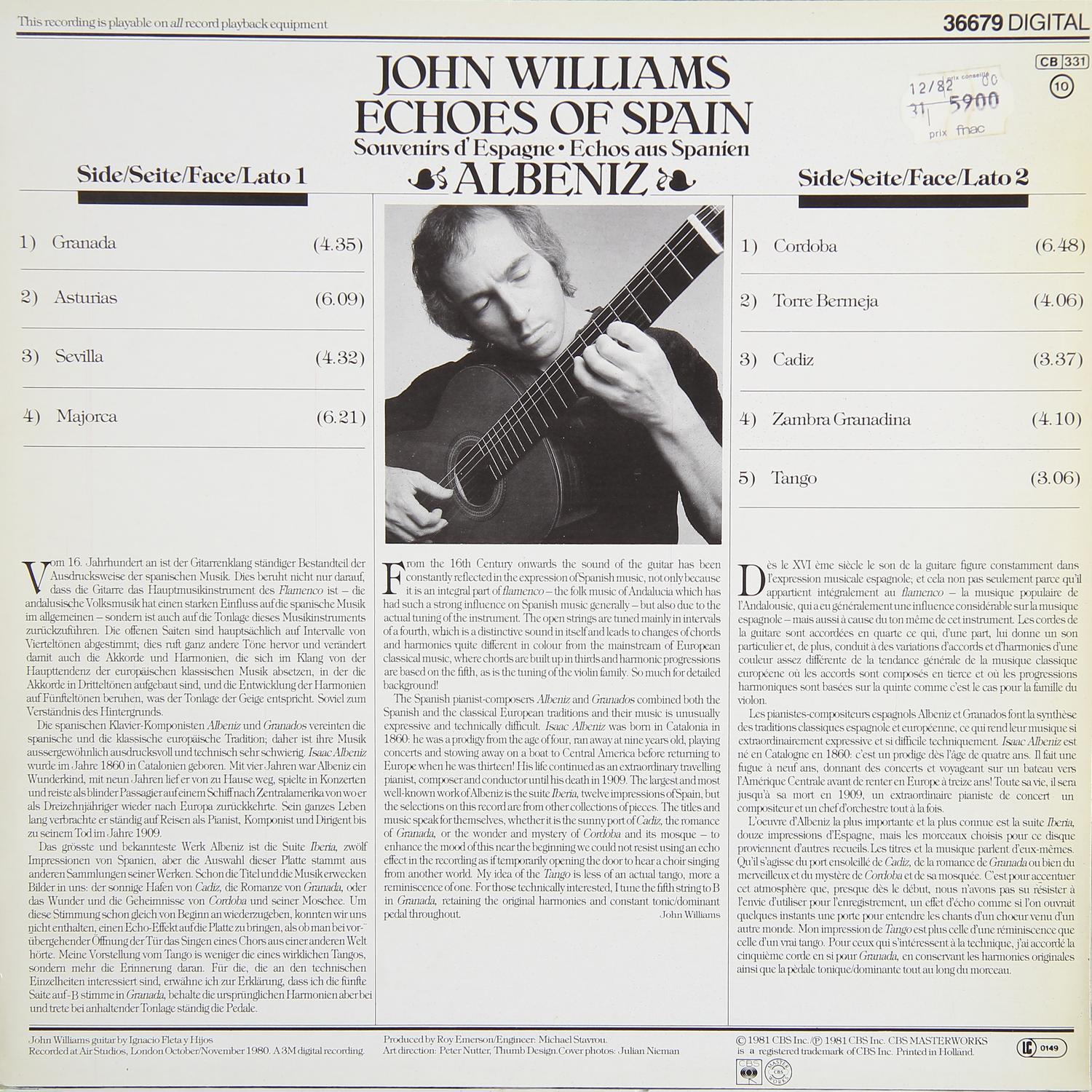 Виниловая пластинка ВИНТАЖ - ALBENIZ: ECHOES OF SPAIN (JOHN WILLIAMS) | Купить в магазине Аудиомания