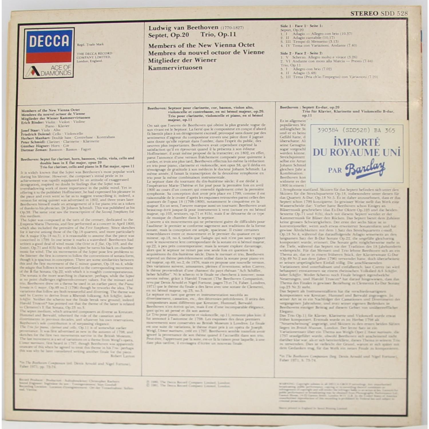 Виниловая пластинка ВИНТАЖ - BEETHOVEN - SEPTET OP.20, TRIO OP.11 ...
