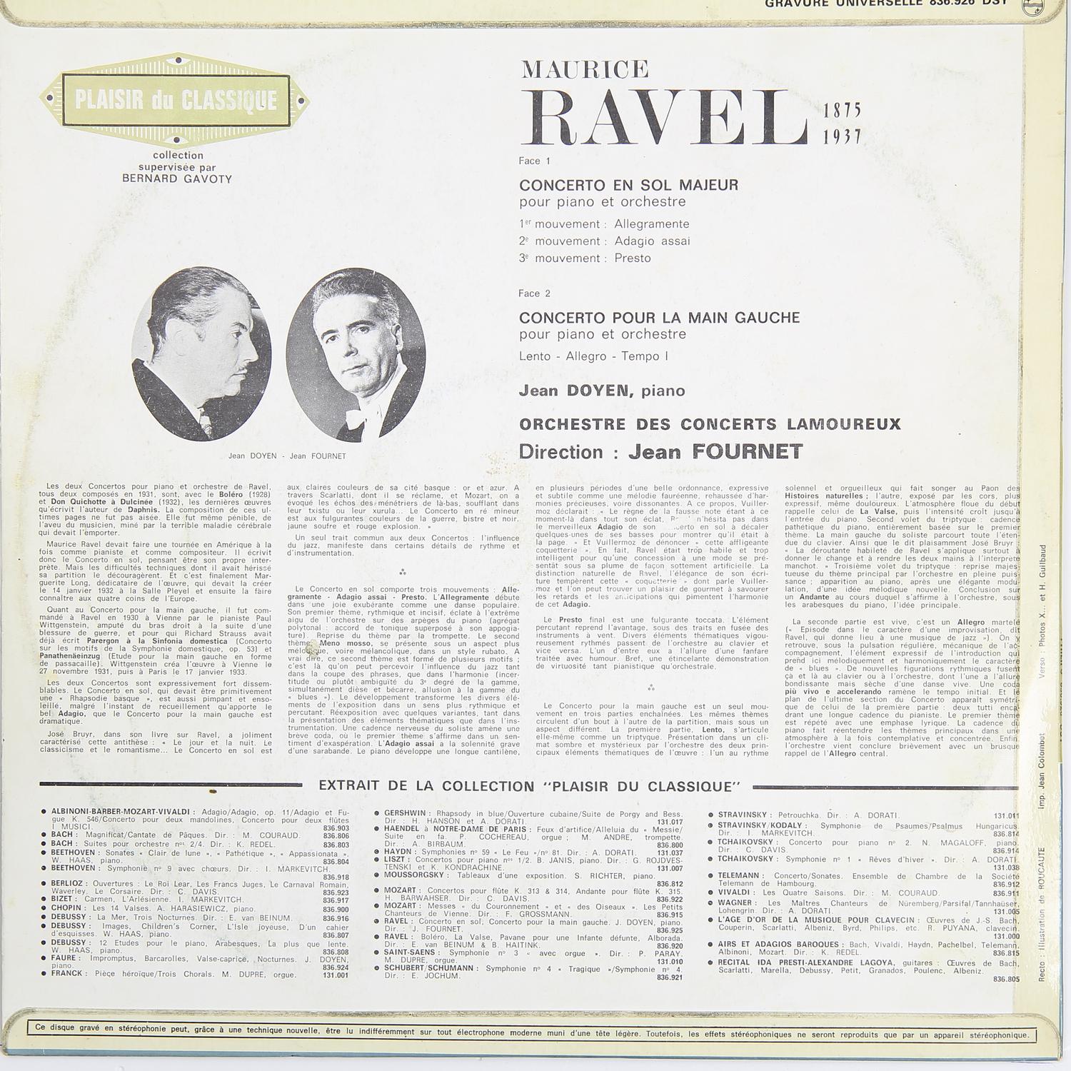 Виниловая пластинка ВИНТАЖ - RAVEL - CONCERTO EN SOL, CONCERTO POUR LA ...
