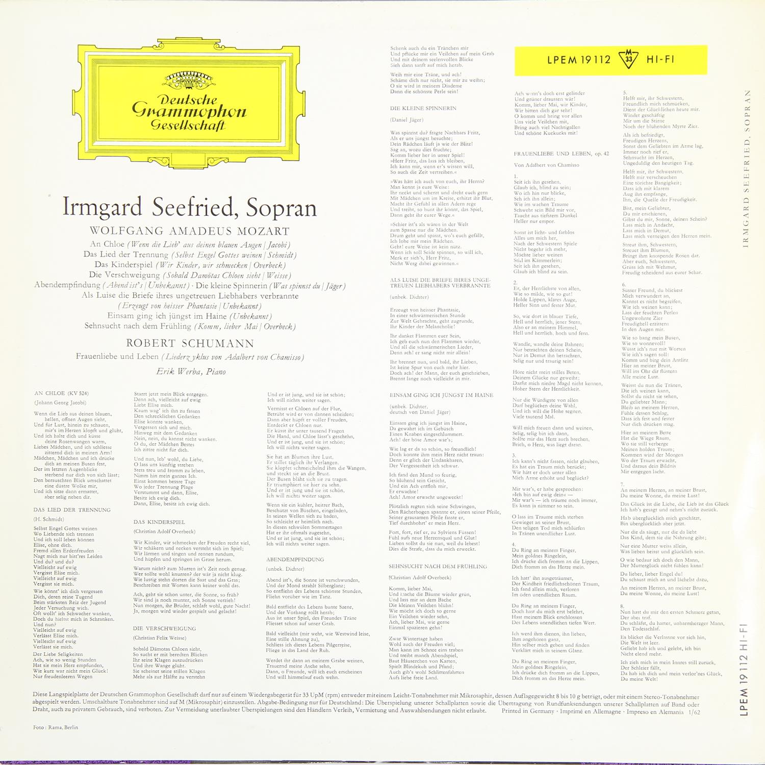 Виниловая пластинка ВИНТАЖ - MOZART - 9 LIEDER (AN CHLOE, DAS LIED DER ...