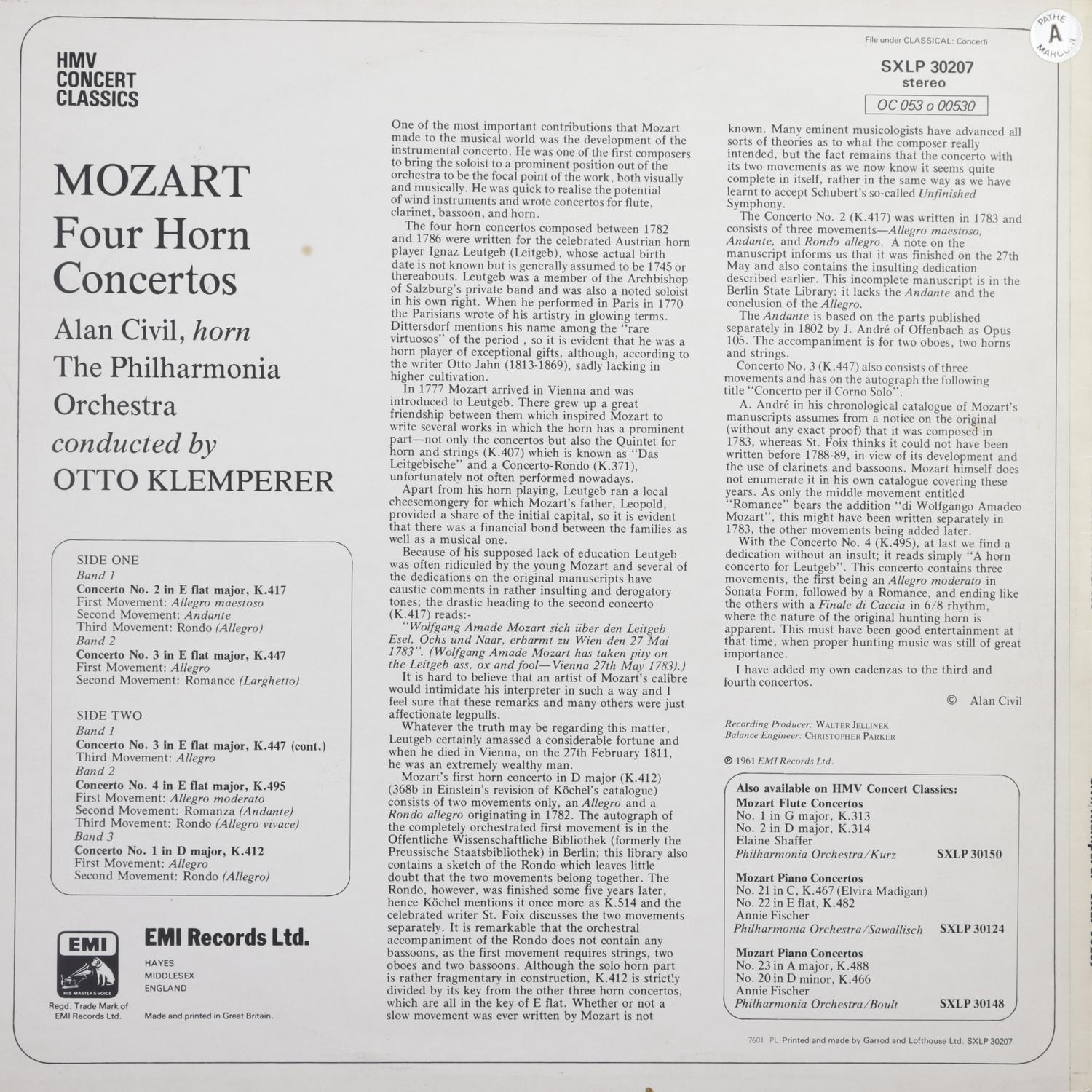 Виниловая пластинка ВИНТАЖ - MOZART: FOUR HORN CONCERTOS (ALAN CIVIL ...