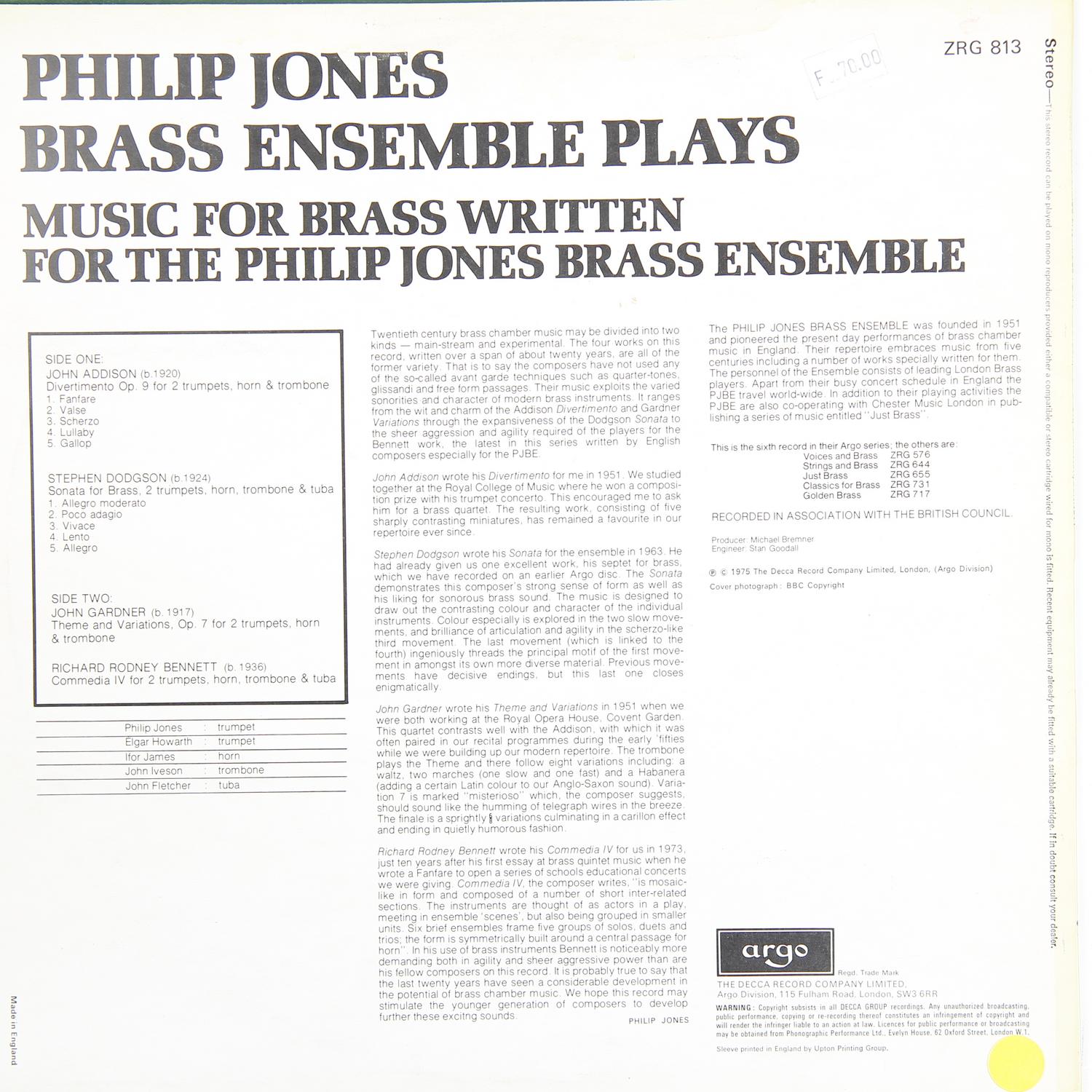 Виниловая пластинка ВИНТАЖ - PHILIP JONES BRASS ENSEMBLE PLAYS MUSIC BY ADDISON, DODGSON ...