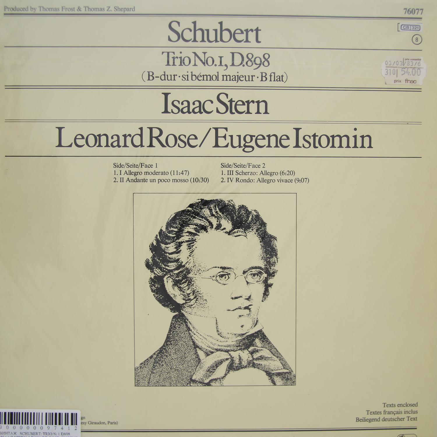 Виниловая пластинка ВИНТАЖ - SCHUBERT: TRIO № 1 D898 (ISAAC STERN, LEONARD ROSE, EUGENE ISTOMIN ...