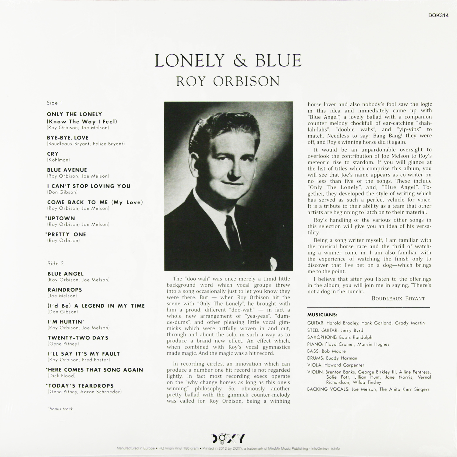 Виниловая пластинка ROY ORBISON - SINGS LONELY AND BLUE (LP 180 GR + CD ...