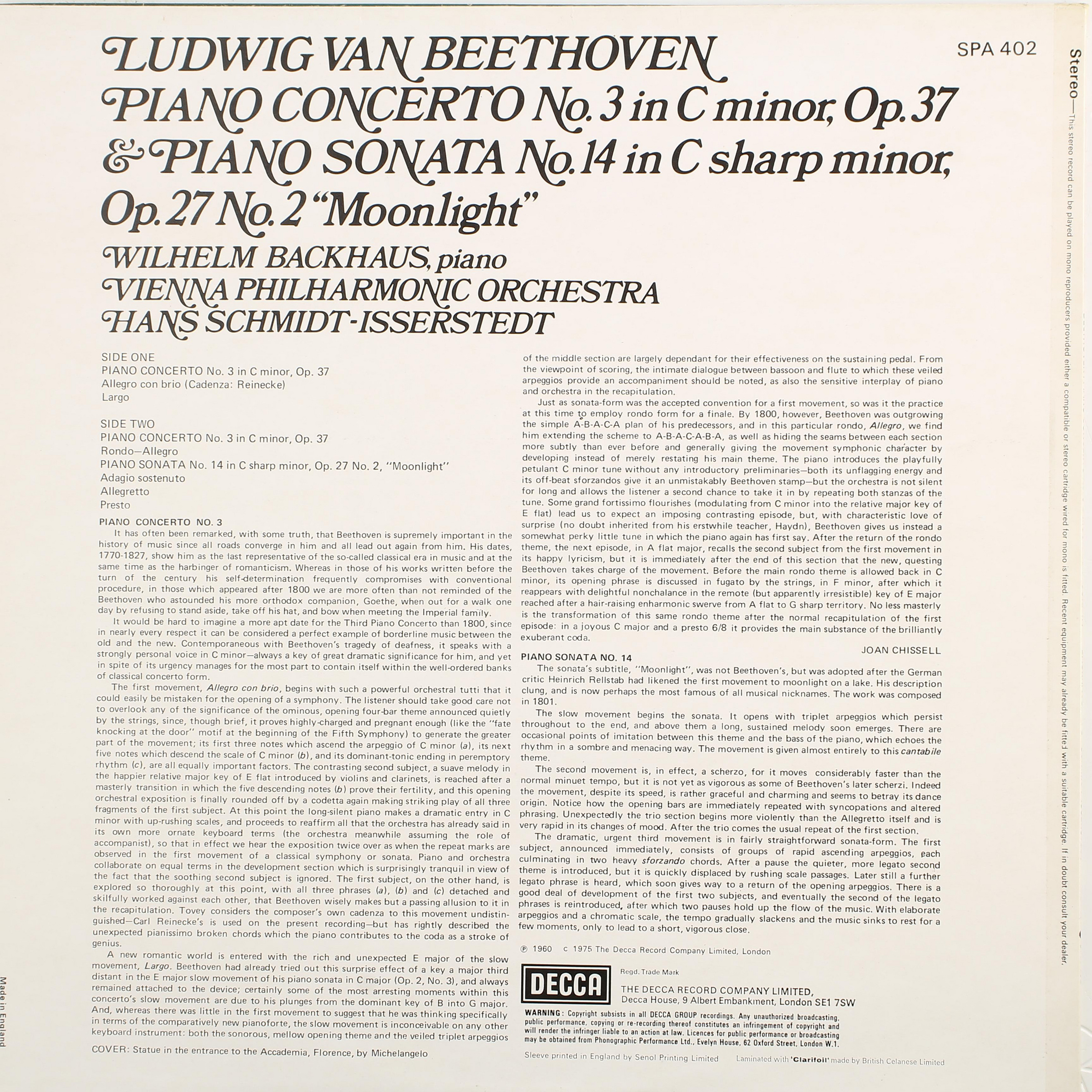 Виниловая пластинка ВИНТАЖ - BEETHOVEN: PIANO CONCERTO № 3, MOONLIGHT SONATA (WILHELM BACKHAUS ...