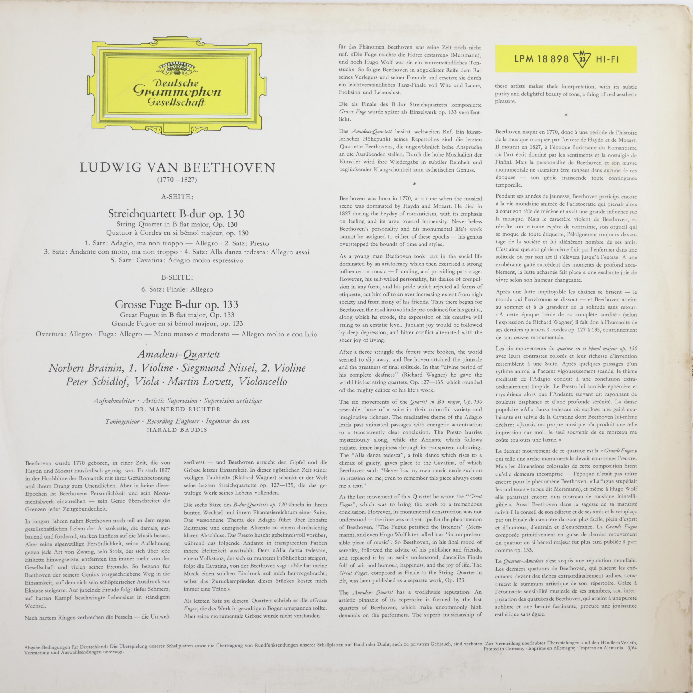 Виниловая пластинка ВИНТАЖ - BEETHOVEN: STREICHQUARTETT OP. 130, GROSSE FUGE OP. 133 (AMADEUS ...