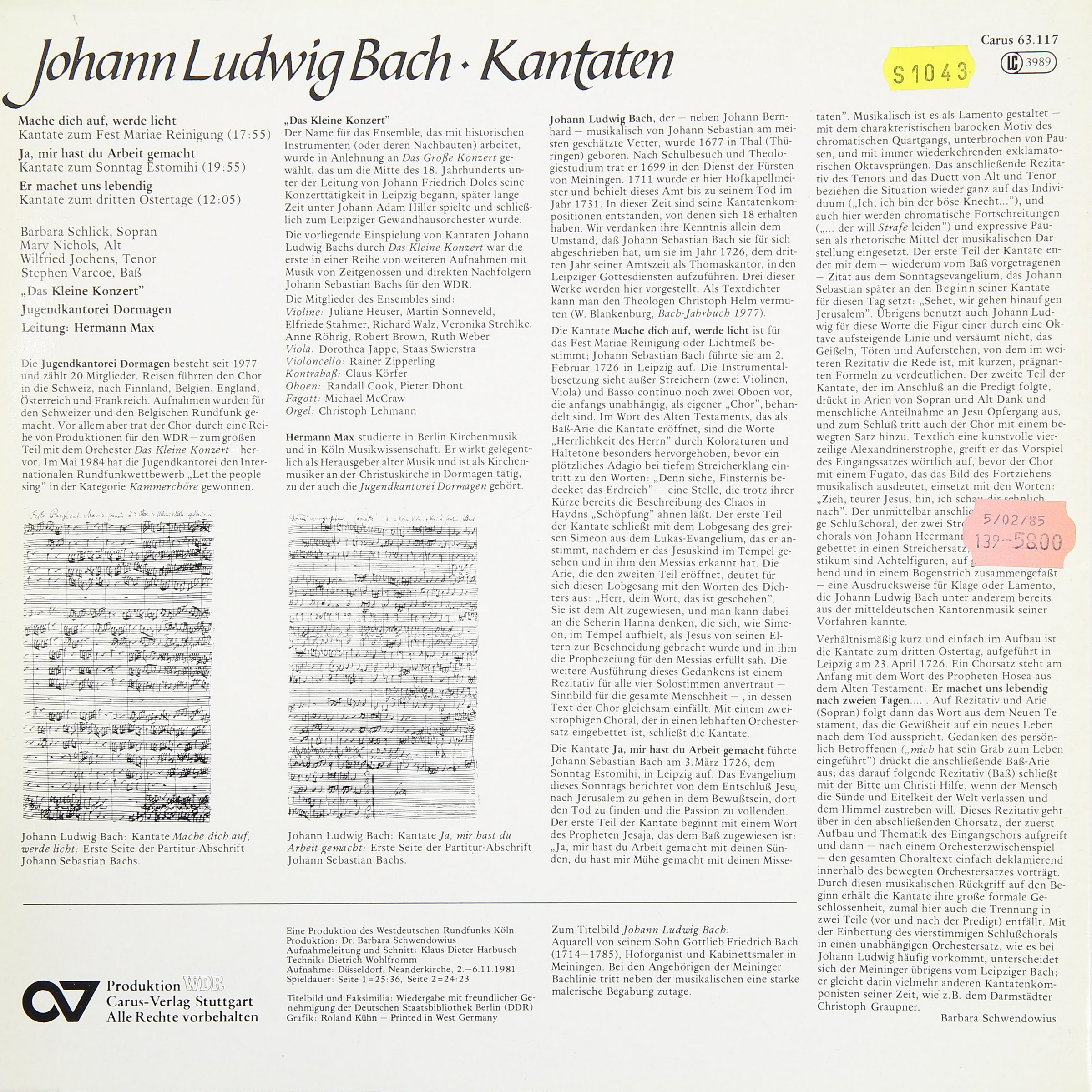 Виниловая пластинка ВИНТАЖ - РАЗНОЕ - JOHANN LUDWIG BACH: KANTATEN ...