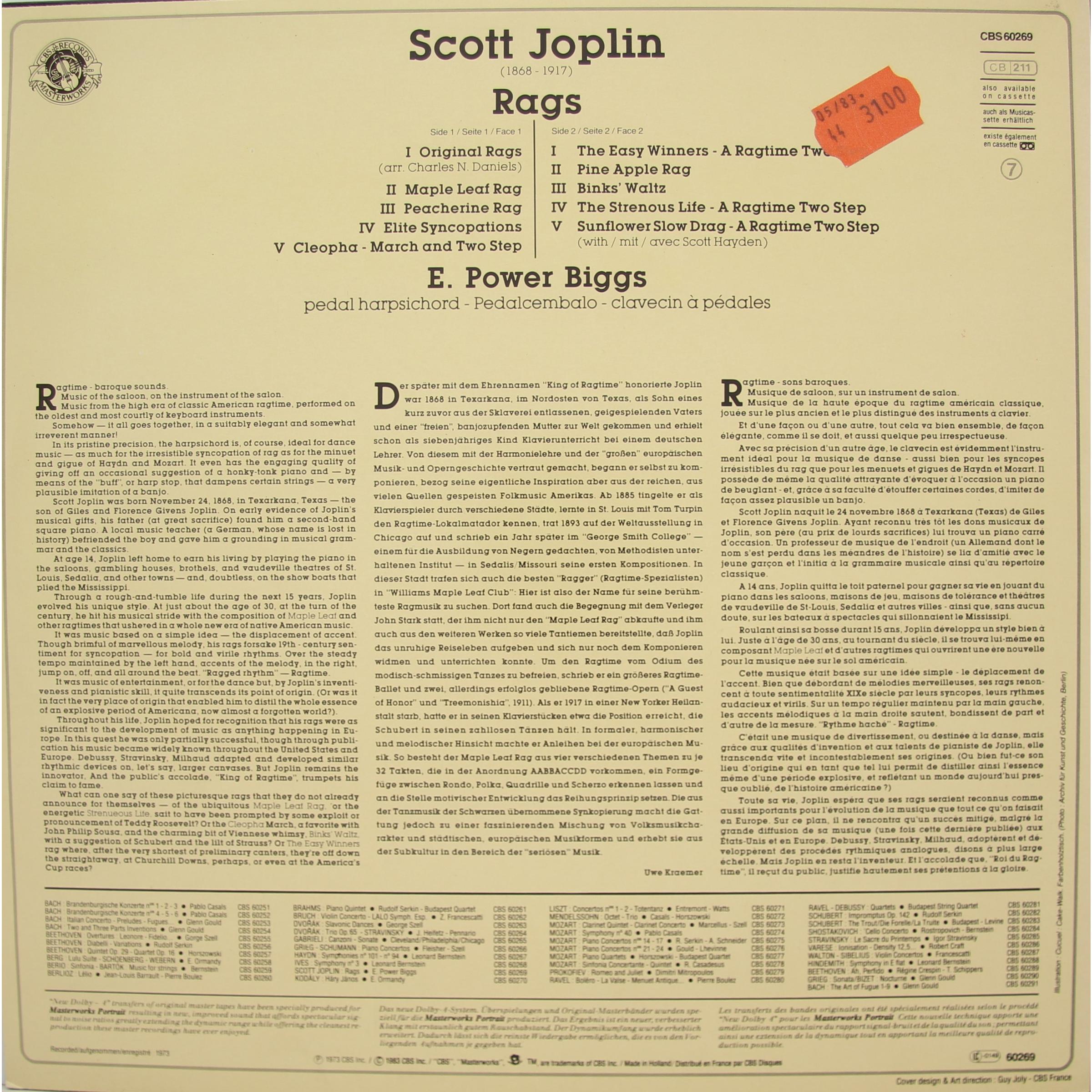 Виниловая пластинка ВИНТАЖ - РАЗНОЕ - SCOTT JOPLIN - RAGS (E. POWER BIGGS) | Купить в магазине ...