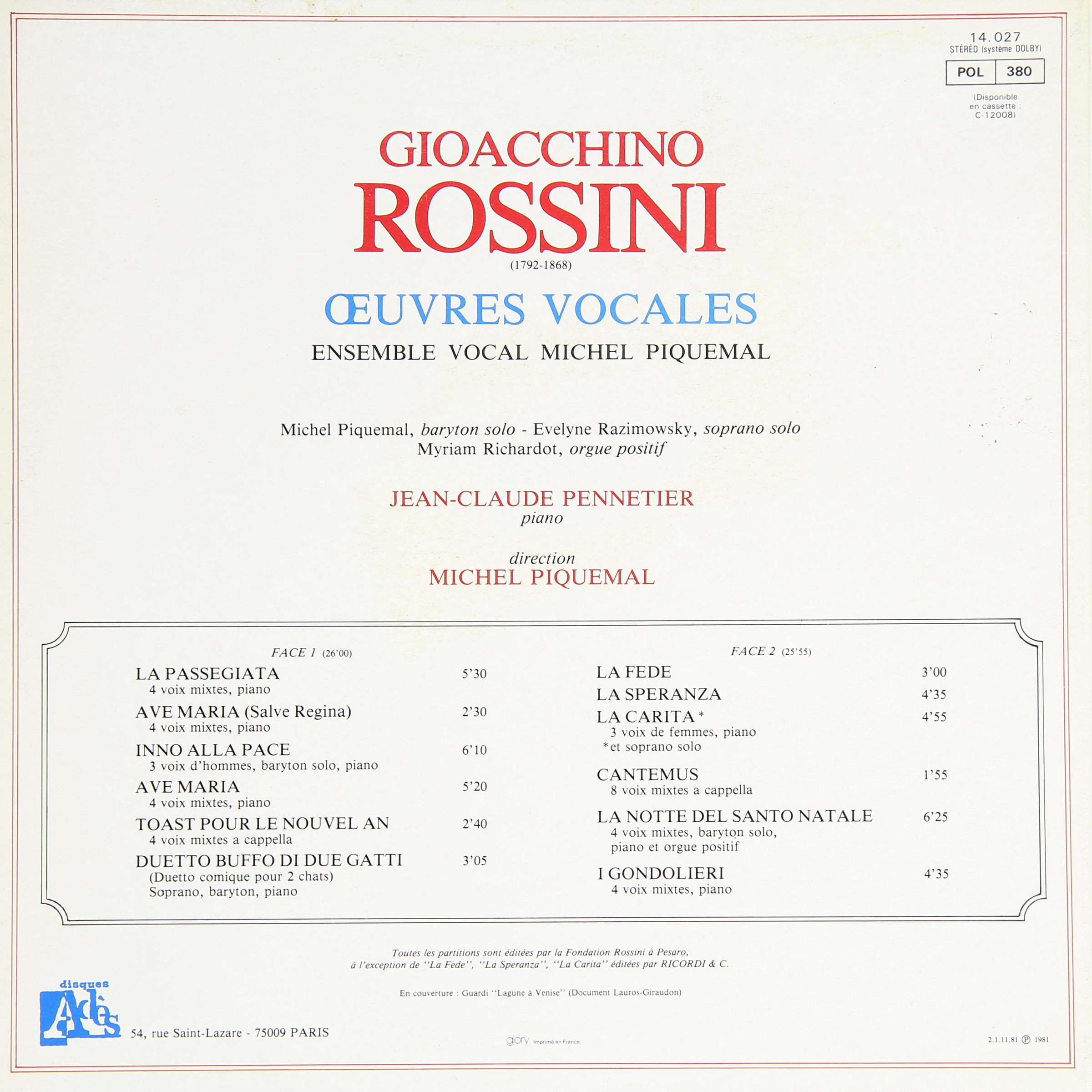 Виниловая пластинка ВИНТАЖ - РАЗНОЕ - ROSSINI: OEUVRES VOCALES (JEAN ...