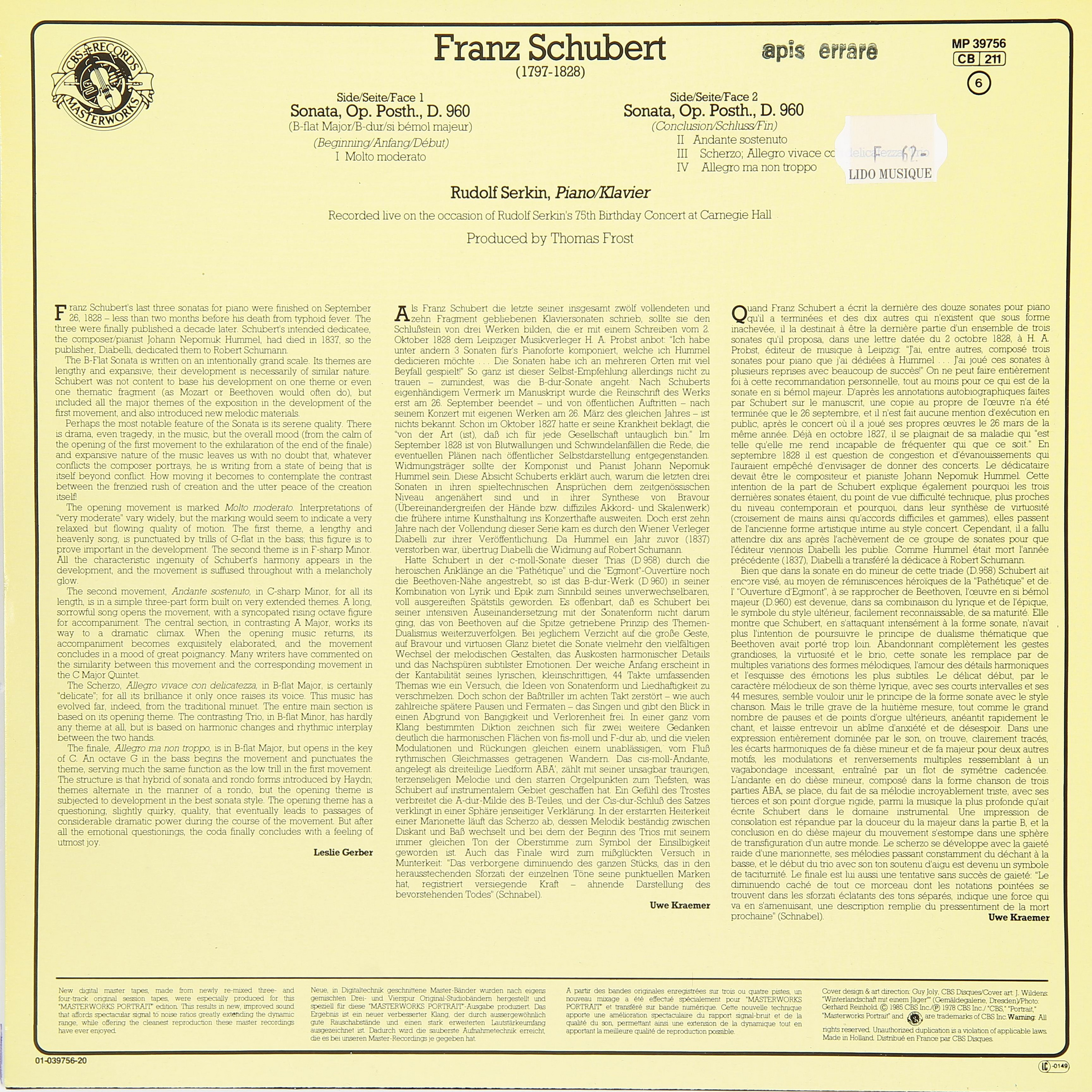 Виниловая пластинка ВИНТАЖ - SCHUBERT: PIANO SONATA, OP. POSTH., D. 960 ...